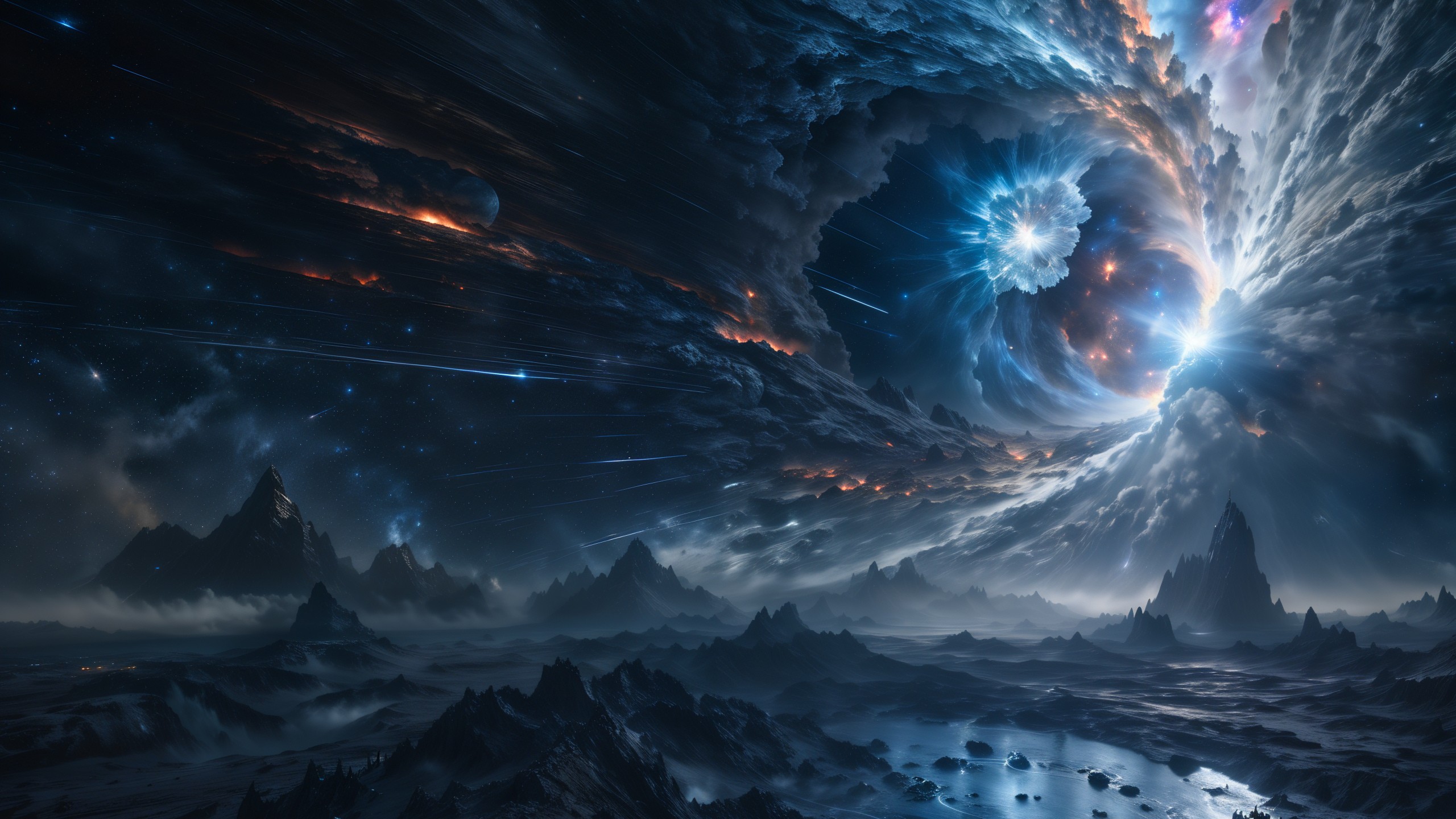Cosmic Rupture: Celestial Energy Over Alien Peaks